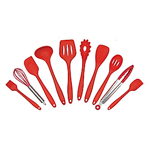 Silicone Kitchen Cooking Utensils w Bamboo Holder- 10 Pc Gourmet Non-Stick, Heat Resistant, Premium Kitchen Tools Set- Spatula, Spoon, Slotted Spoon, Tongs, Basting Brush, Whisk, Ladle-Baking, Baking