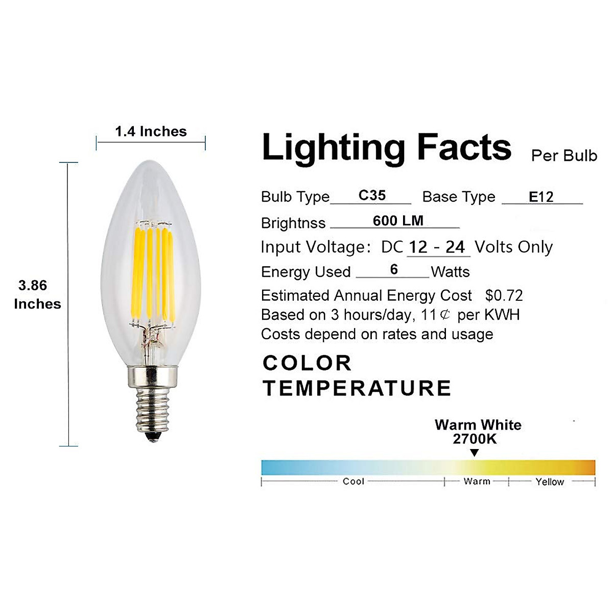OPALRAY LED Candelabra Bulb, DC 12V 24V, Dimmable with DC Dimmer, 6W 600Lm, Warm White Light, E12 Small Base, 60W Incandescent Equivalent, 12V Power Supply, Clear Glass Torpedo Tip, 3-Pack
