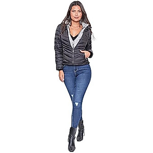 YMI Women's Junior Full Length Puffer Jacket With Detachable Sherpa Hood, BLACK, XL