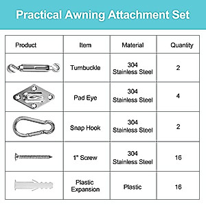 HOMPER Awning Attachment Set, Heavy Duty Sun Shade Sail Stainless Steel Hardware Kit for Garden Triangle and Square, Rectangle, Sun Shade Sail Fixing Accessories