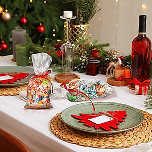 100 Pieces Winter Snowflake Bags Cellophane Holiday Treat Bags Snowflake Cookie Cellophane Bags With Ribbon for Winter Holiday Party Supplies (White Bag with Red Ribbon)