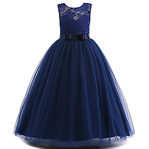 Glamulice Navy Blue Flower Girls Lace Bridesmaid Dress Long A Line Wedding Pageant Dresses Tulle Party Gown Birthday Elegant Fancy Holiday Evening Prom Princess Dance Christmas Ball Gown Formal 11 12