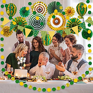 Green Gold Party Decorations, Graduation Season Hanging Paper Fans Honeycomb Balls Dot Garland Glitter Triangle Flags Pennants for St. Patrick's Day Green Theme Birthday Gender Reveal Supplies