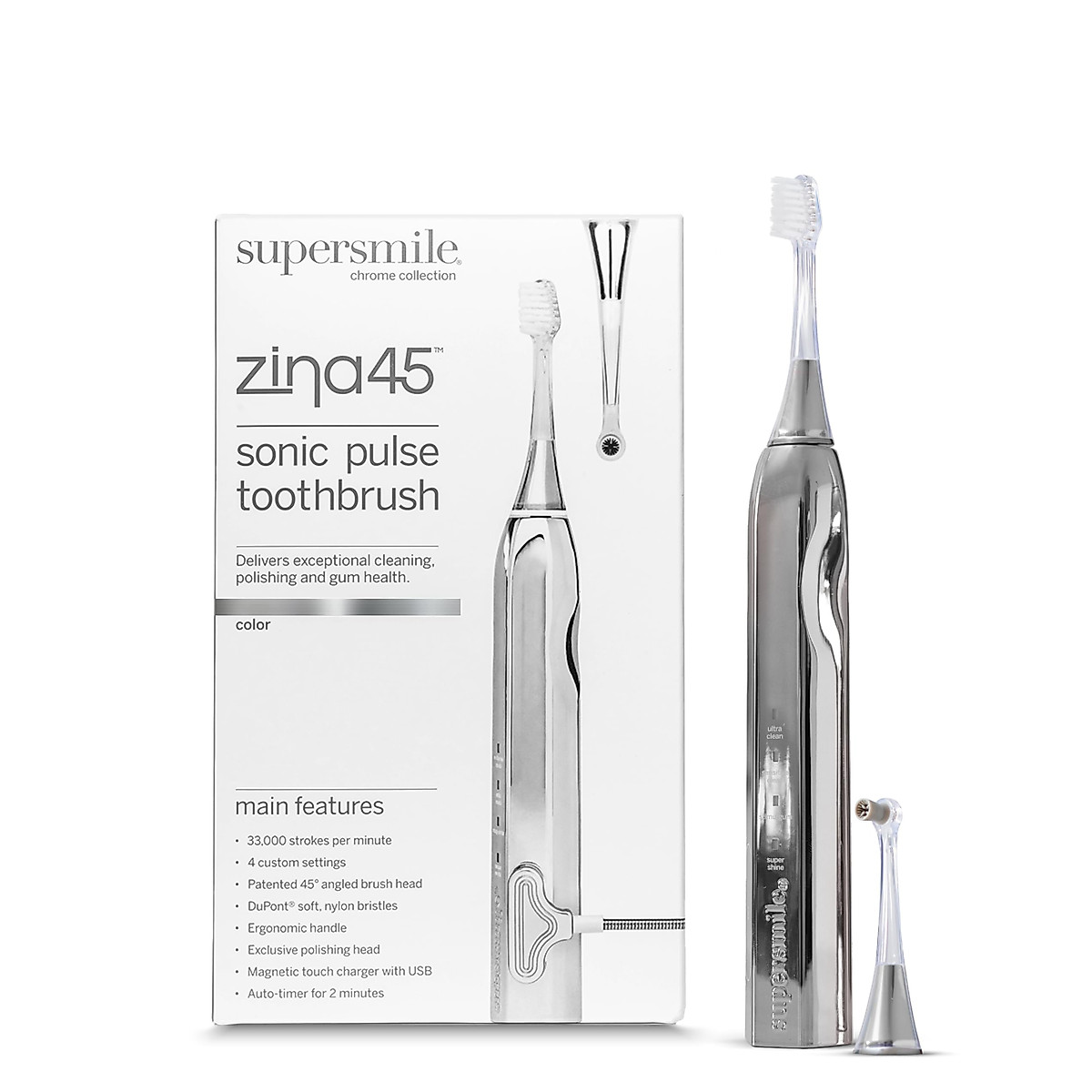 Supersmile Zina45 Deluxe Sonic Pulse Electric Toothbrush, Rechargeable Whitening Tooth Brush, Silver