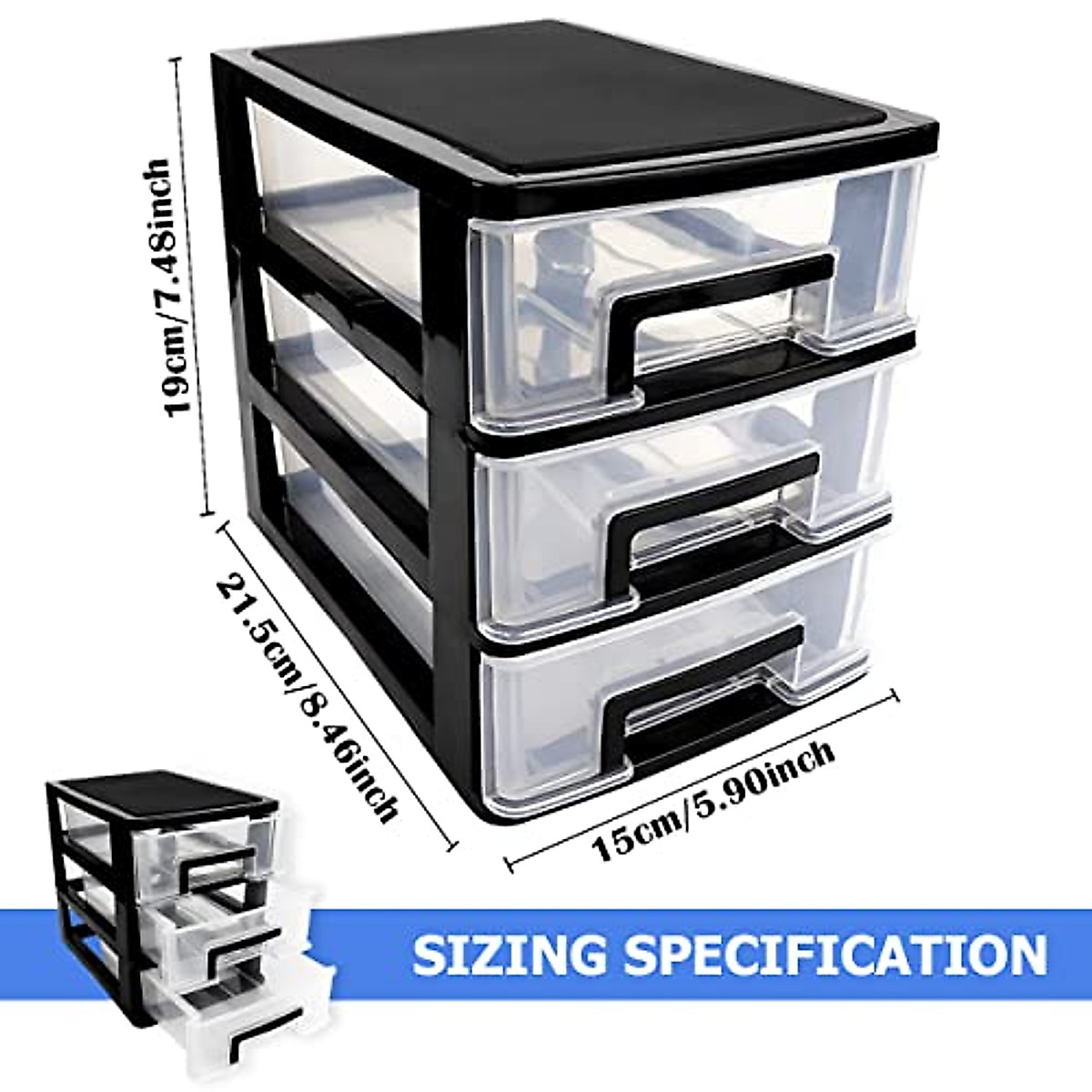 LNQ LUNIQI 3 Tier Plastic Drawer Type Closet,Portable Storage Cabinet Sundries Storage Cosmetics Jewelry Storage Box for Home Office(Black &Transparent)