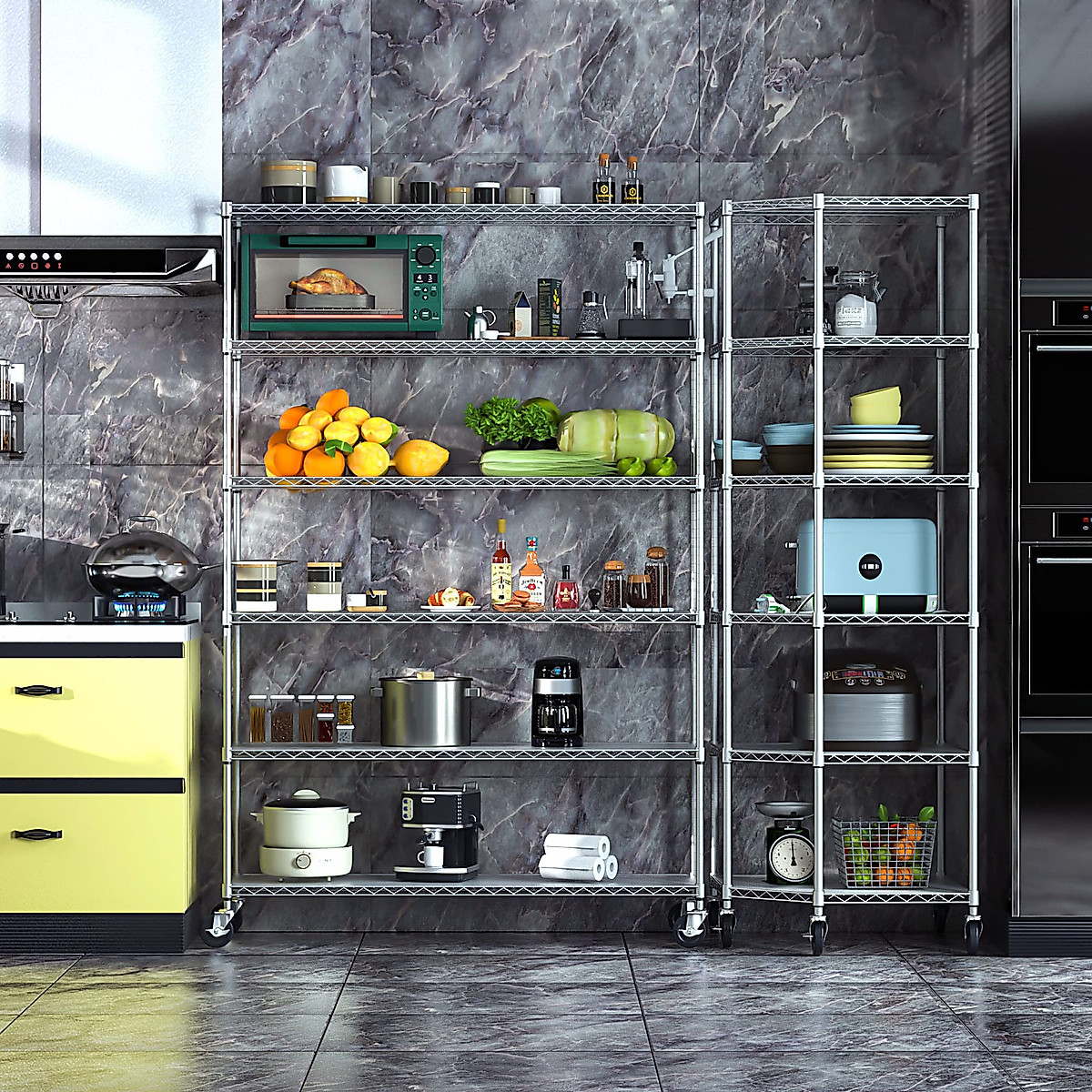 6 Tier NSF Metal Corner Shelf Wire Shelving Unit, 2100lbs Capacity Heavy Duty Adjustable Pentagonal Storage Rack with Wheels & Shelf Liners for Kitchen Garage Room Corner, 82"H x 27"L x 27"D - Chrome