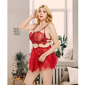 SPORCLO Plus Size Lingerie for Women Lace Sexy Babydoll Mesh High Waisted Nightdress Strappy Exotic Sleepwear Red