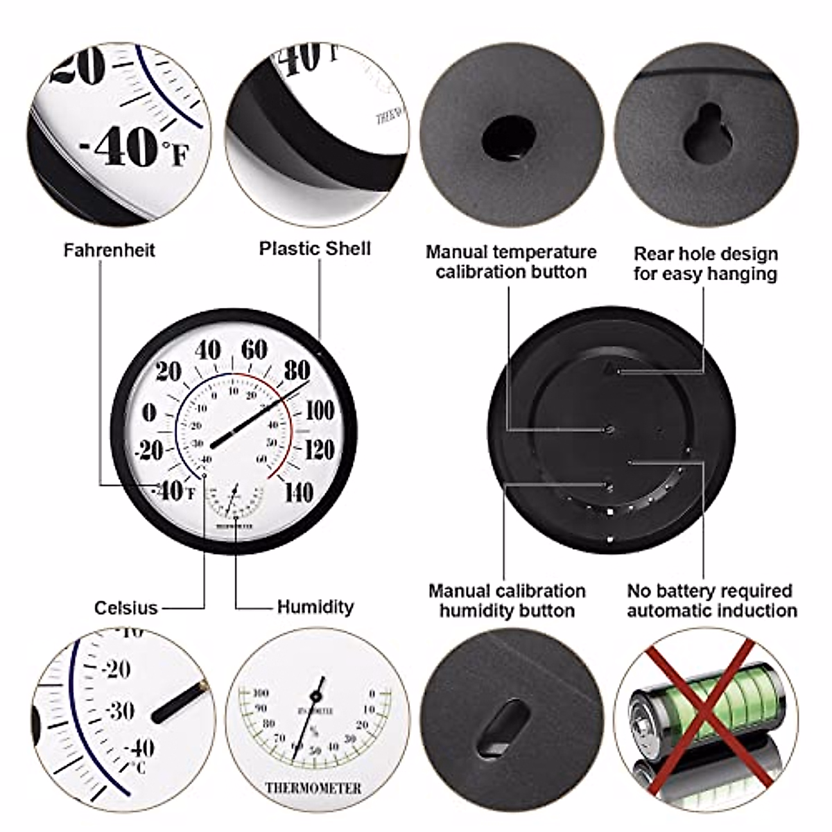 Indoor Outdoor Thermometer Wall Large Numbers Thermometer No Battery 10" Hanging Digital Weather Hygrometers for Home Garden Outside Patio Decor (Black)