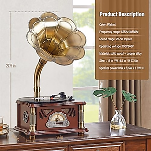 HZLSBL Vintage Gramophone with Bluetooth Output Vintage Record Players Retro Gramophone Turntables for 7" 9" 12" Vinyl Records 3 Speed, Hi-Fi, Handcrafted by Pure Oak (Walnut)
