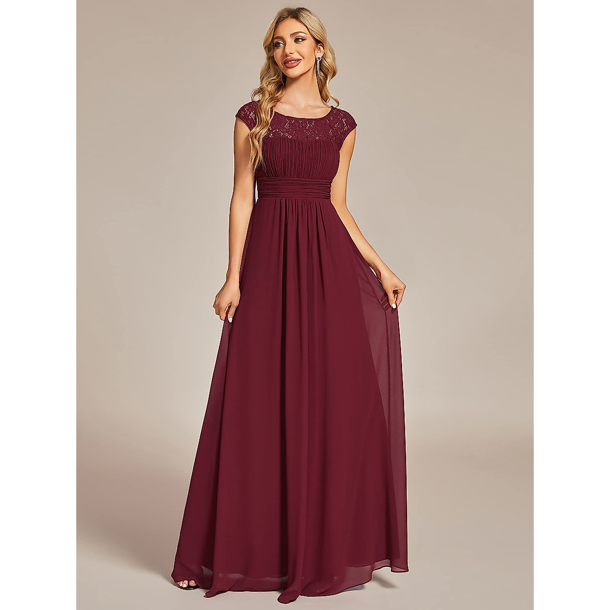 Ever-Pretty Women's Summer Lace Round Neck Pleated Chiffon Bridesmaid Dresses Burgundy US4