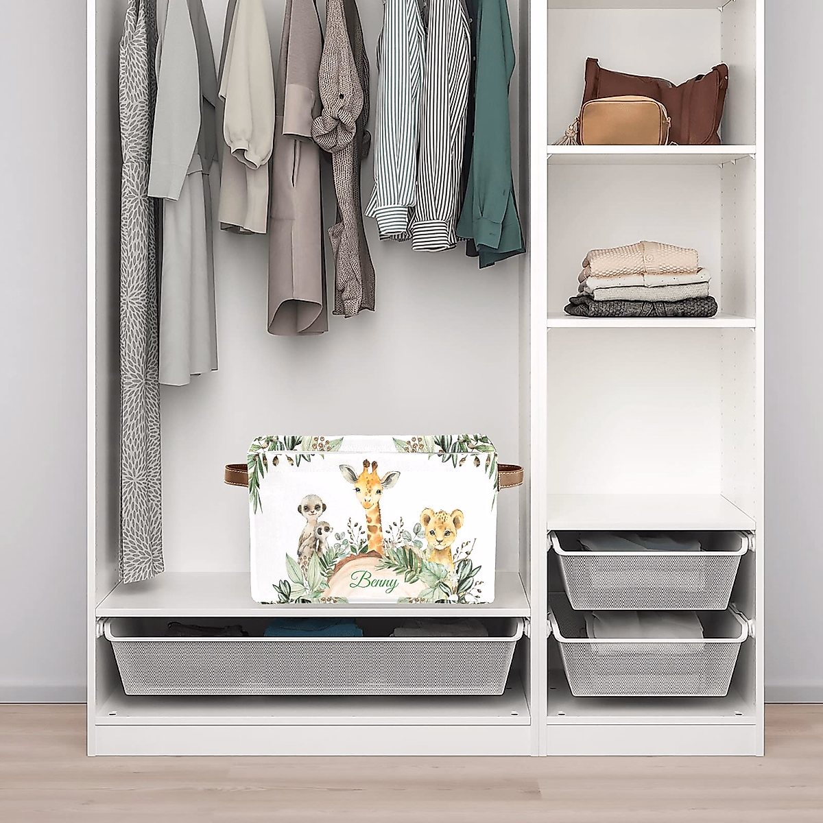 Safari Wild Animal Personalized Storage Bins Basket Cubic Organizer with Durable Handle for Shelves Wardrobe Nursery Toy 2 Pack