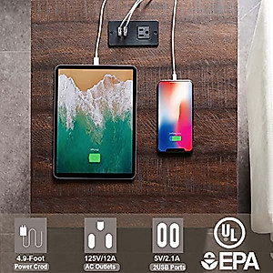 SinCiDo Nightstand with Charging Station, 20" Farmhouse End Table w/Groove Barn Door, Rustic Wood Sofa Side Bedside Table w/Open & Adjustable Shlef for Bedroom, Living Room, Dark Grey