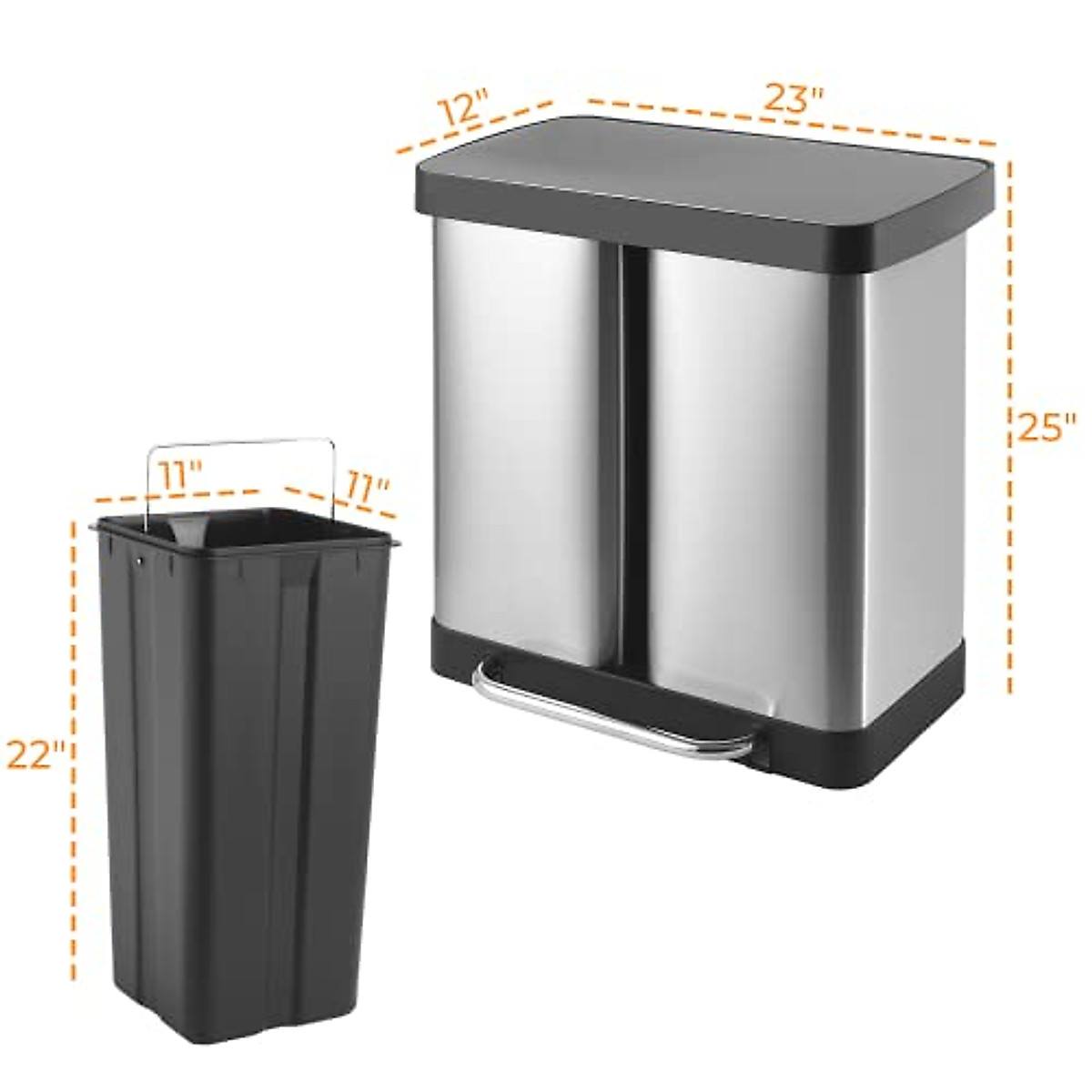 Arlopu 16 Gallon Dual Trash Can, 60L Stainless Steel Kitchen Garbage Can, Step-on Classified Recycle Garbage Bin with Removable Inner Buckets, for Kitchen, Living Room, Office, Silver (2x30L)