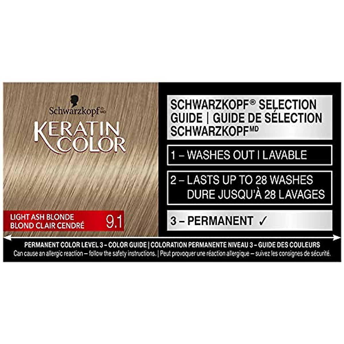 Schwarzkopf Keratin Color Permanent Hair Color Cream, 9.1 Light Ash Blonde, 1 Kit