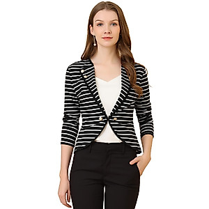 Allegra K Women's Notched Lapel Casual Work Office Striped Blazer X-Small Black