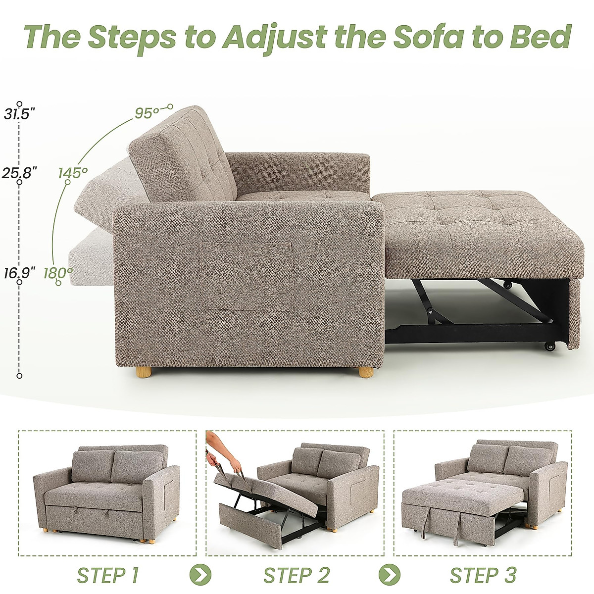 SEJOV 3-in-1 Convertible Sofa Bed, Linen Fabric Sleeper Couch Pull Out Bed, 49" 2-Seater Loveseat Futon Sofa with Spring Support, Adjustable Backrest and Pillows for Small Spaces, Living Room