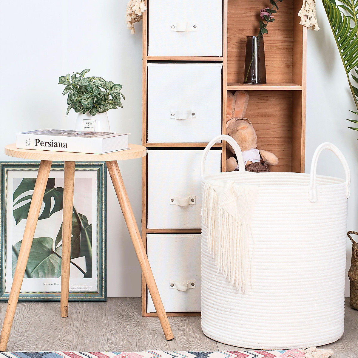 MINTWOOD Design Large 18 x 16 Inches Decorative Woven Cotton Rope Basket, Tall Laundry Basket Hamper, Blanket Basket for Living Room, Storage Baskets for Toys, Towel, Throw, Pillow, Creamy White