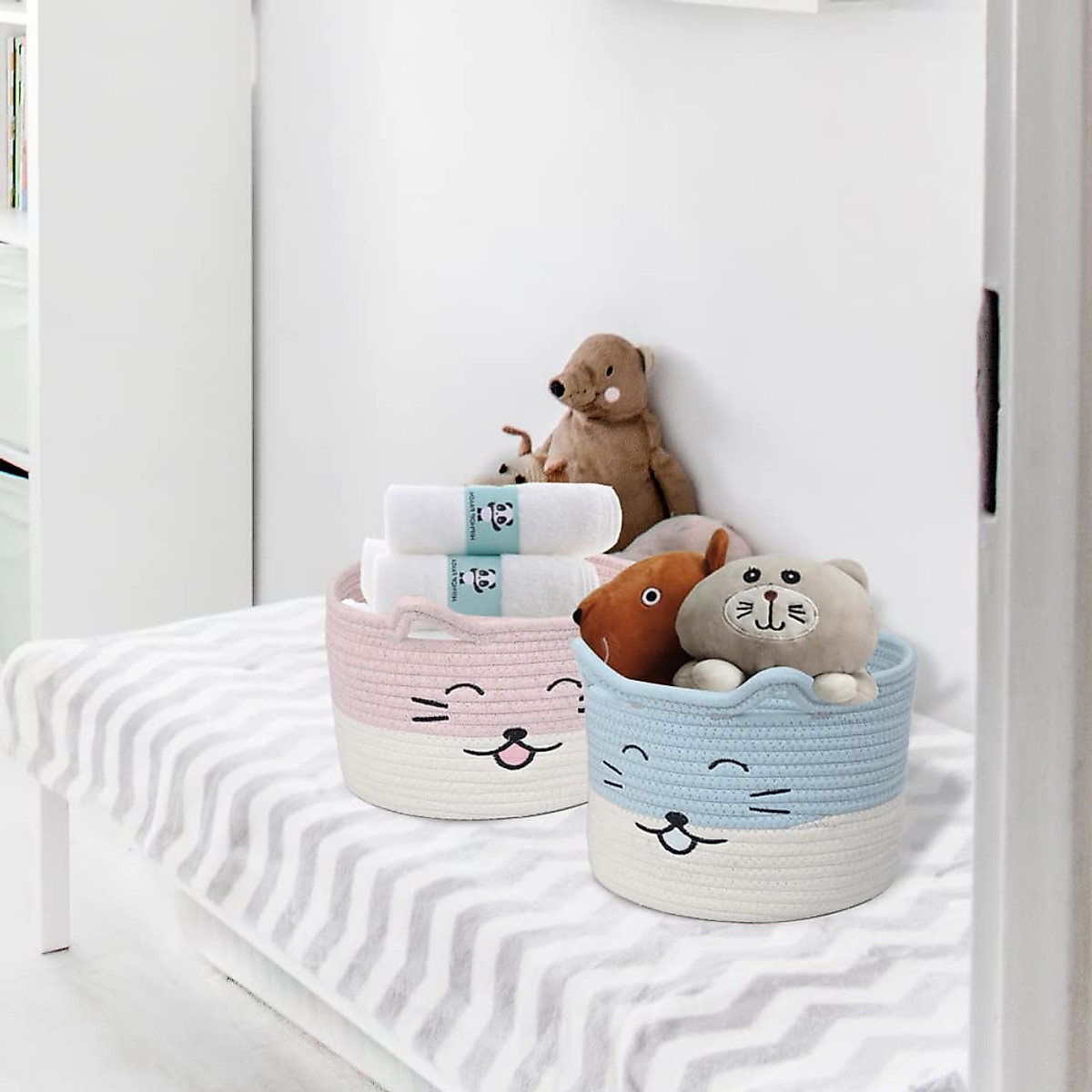 Small Woven Cotton Rope Storage Basket,2 Pack Cute Cat Cotton Rope Baskets with Handle,Baby Nursery Organizer for Toy Storage Bin | Pet Gift Basket for Cat,Dog,10 x 10 x 7 Inch