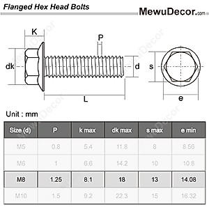 M8-1.25 x 35mm Flanged Hex Head Bolts Flange Hexagon Screws, Stainless Steel 18-8 (304), Plain Finish, DIN 6921, 15 PCS