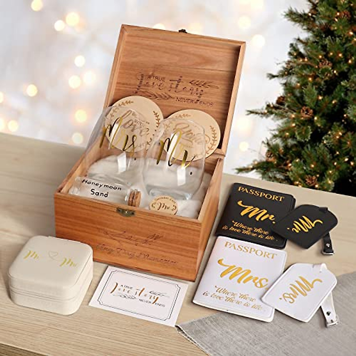 Frerdui Wedding Gifts for Bride and Groom, Mr Mrs Honeymoon Gift Set for Newlyweds Couple, Wine Beer Glasses with Wooden Box, for Travel, Anniversary, Just Married, Bridal Shower, Bride To Be