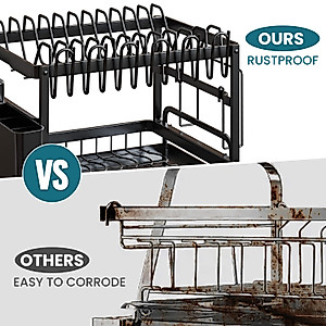 TAILI Dish Drying Rack for Kitchen Counter with Drainboard, Large 2 Tier Dish Rack and Drainboard Set with Cutlery Holder, Cup Holder & Utensil Holder, Rustproof Sink Dish Drying Rack