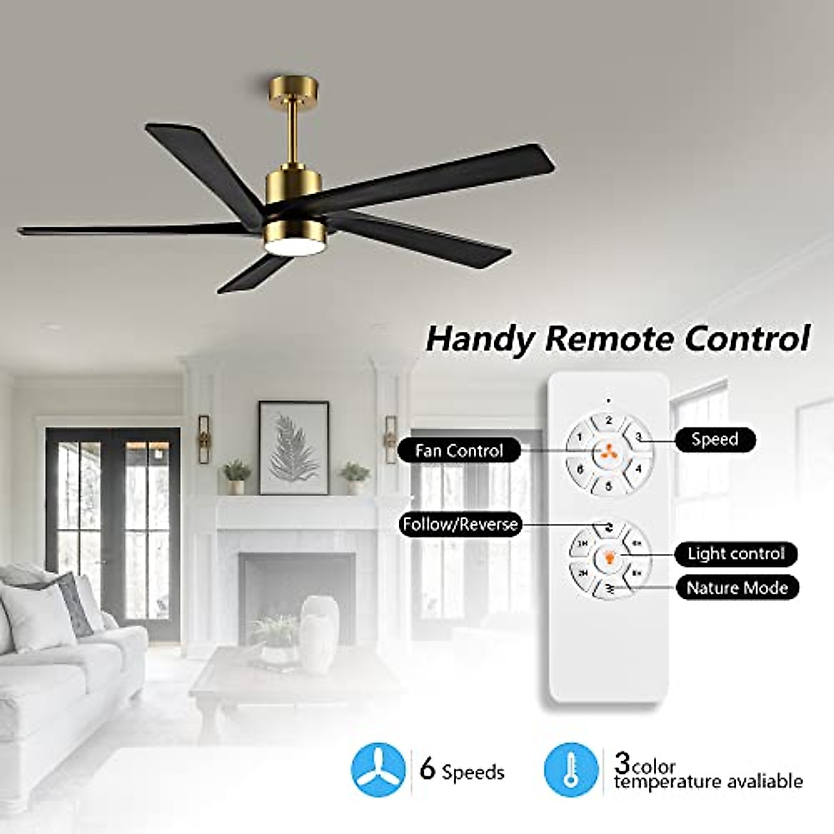 WINGBO 54 Inch DC Ceiling Fan with Lights and Remote Control, 5 Reversible Carved Wood Blades, 6-Speed Noiseless DC Motor, Modern Ceiling Fan in Brass Finish with Black Blades, ETL Listed