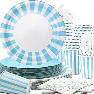 KEFAN Light Blue Striped Party Supplies, Blue and Silver Birthday Party, Sky Blue Paper Plates and Napkins Set for Boys Baby Shower Birthday Graduation Summer Blue Party, Services 40 (Light blue)