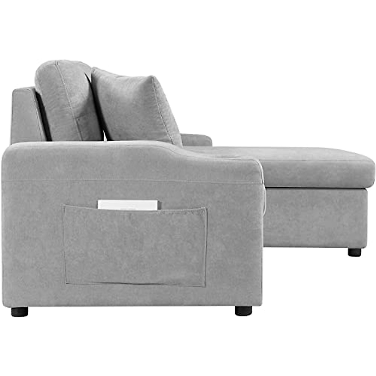 GAOPAN Modern Linen Sectional Sleeper Sofa Bed Convertible L-Shape Couch with Storage Chaise Lounge,Side Pockets,Cup Holders,2 Pillows for Living Room Apartment Furniture, Light Gray