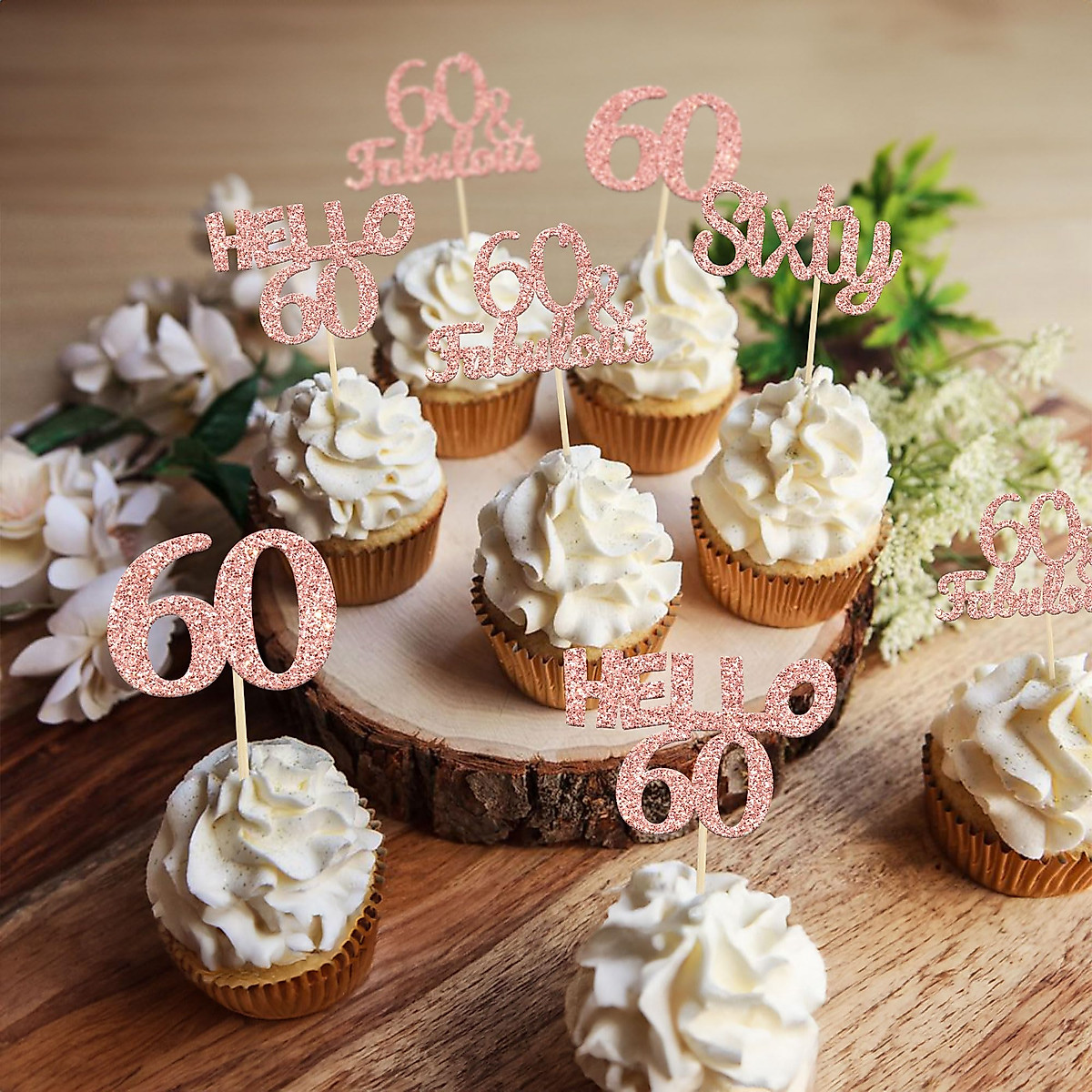 Gyufise 24Pcs Rose Gold Glitter 60th Birthday Cupcake Toppers Hello 60 Sixty Cake Toppers 60 & fabulous Cupcake Picks 60th Birthday Cake Decorations Supplies