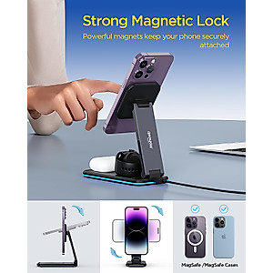 Hohosb Magnetic Charging Station, 3 in 1 Foldable Wireless Charger Stand[Compatible with Magsafe Charger] for iPhone 15/14/13/12 Series, AirPods Pro/3/2,Apple Watch/iWatch(18W Adapter Included)-Black