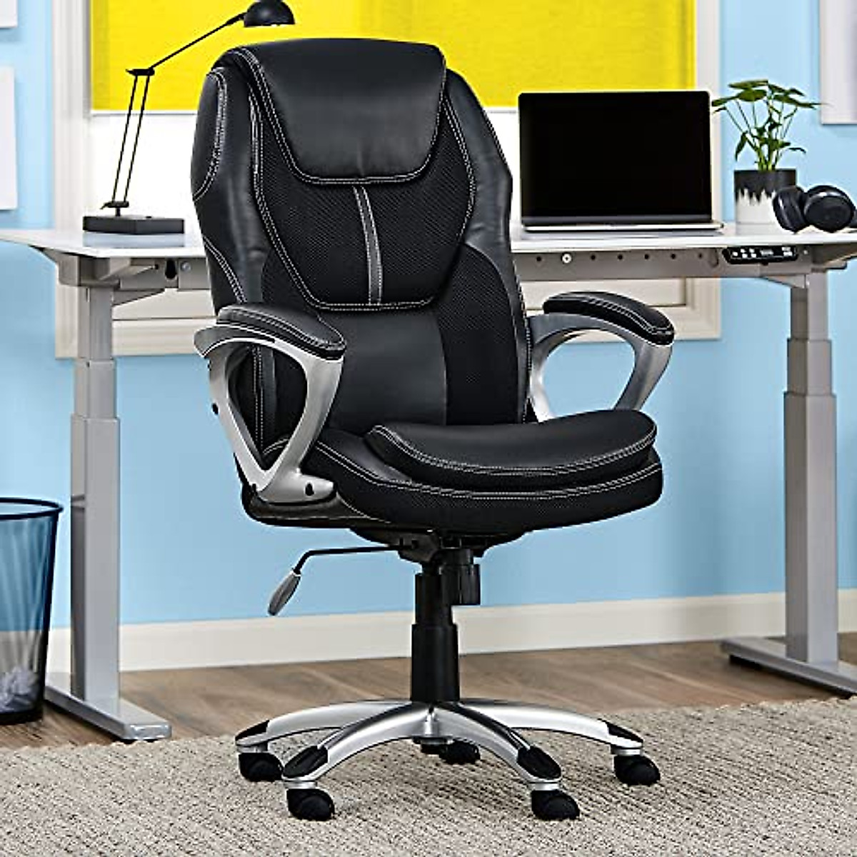 Serta Executive Office Padded Arms, Adjustable Ergonomic Gaming Desk Chair with Lumbar Support, Faux Leather and Mesh, Black