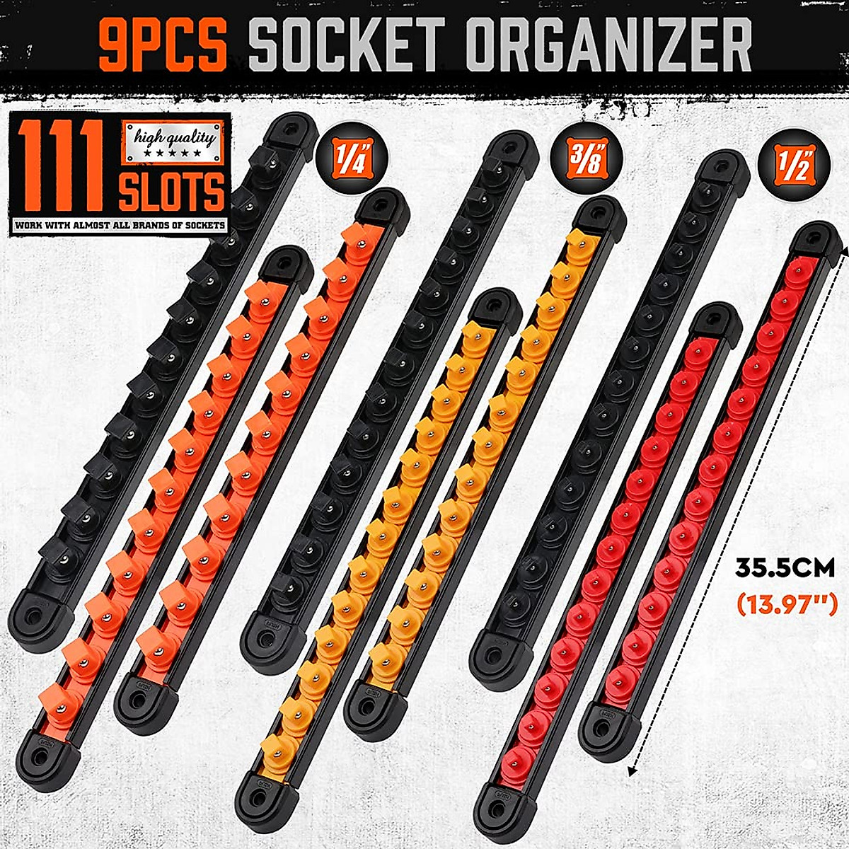 HORUSDY 9-Piece ABS Socket Organizer, 1/4-Inch 3/8-Inch 1/2-Inch, 360° Swivel Premium Quality Socket Holders