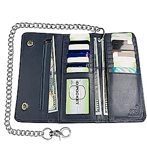 IBRO Motorcycle Chain Wallet for Men – 100% Natural Genuine Leather, Long Trifold RFID Blocking, Credit Card Money Organizer - Men’s Trucker Biker Metal Chain Wallets Steel Blue