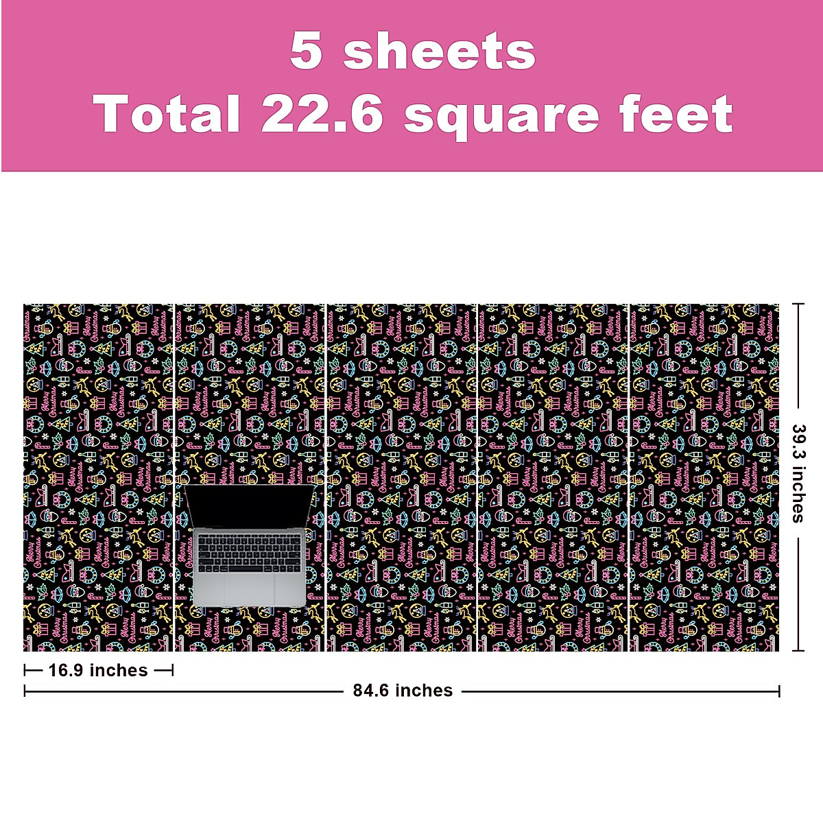 EWES Christmas Wrapping Paper Set 5 Rolls sheets 17x40 Inch Thick Black Pink For Gift Wrap Bundle Plaid Santa Claus Tree Funny Cute Kids Girls Boys Fun