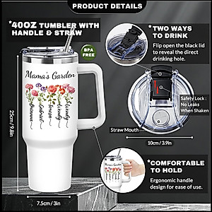 BMYDIY Mothers Day Birthday Gift for Mom Grandma, Personalized 40 Oz Tumbler with Handle and Straw, Customizable Extra Large Stainless Steel Insulated Cup Coffee Mug Travel Mug with Name Birth Flower