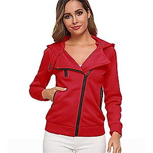 JIER Plain Hoodie Oblique Zipper Sweatshirts Zip Hoodie High Neck Casual Jumper Outwear Casual Sweatshirt (Red,X-Large)
