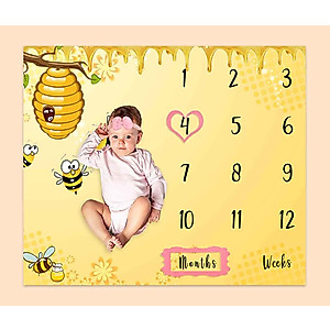 PHMOJEN Baby Age Milestone Blanket, Bee Honeycomb Blanket for Nursery, Baby 1-12 Months Growth Chart, Includes 4 Frame and 1 Headband 47"x40" BTQQPH33