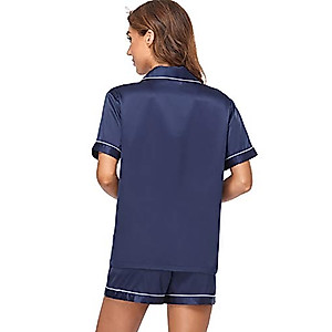 Serenedelicacy Women's Satin Pajama Set 2-Piece Sleepwear Loungewear Button Down Short Sleeve PJ Set (Medium, Navy Blue)