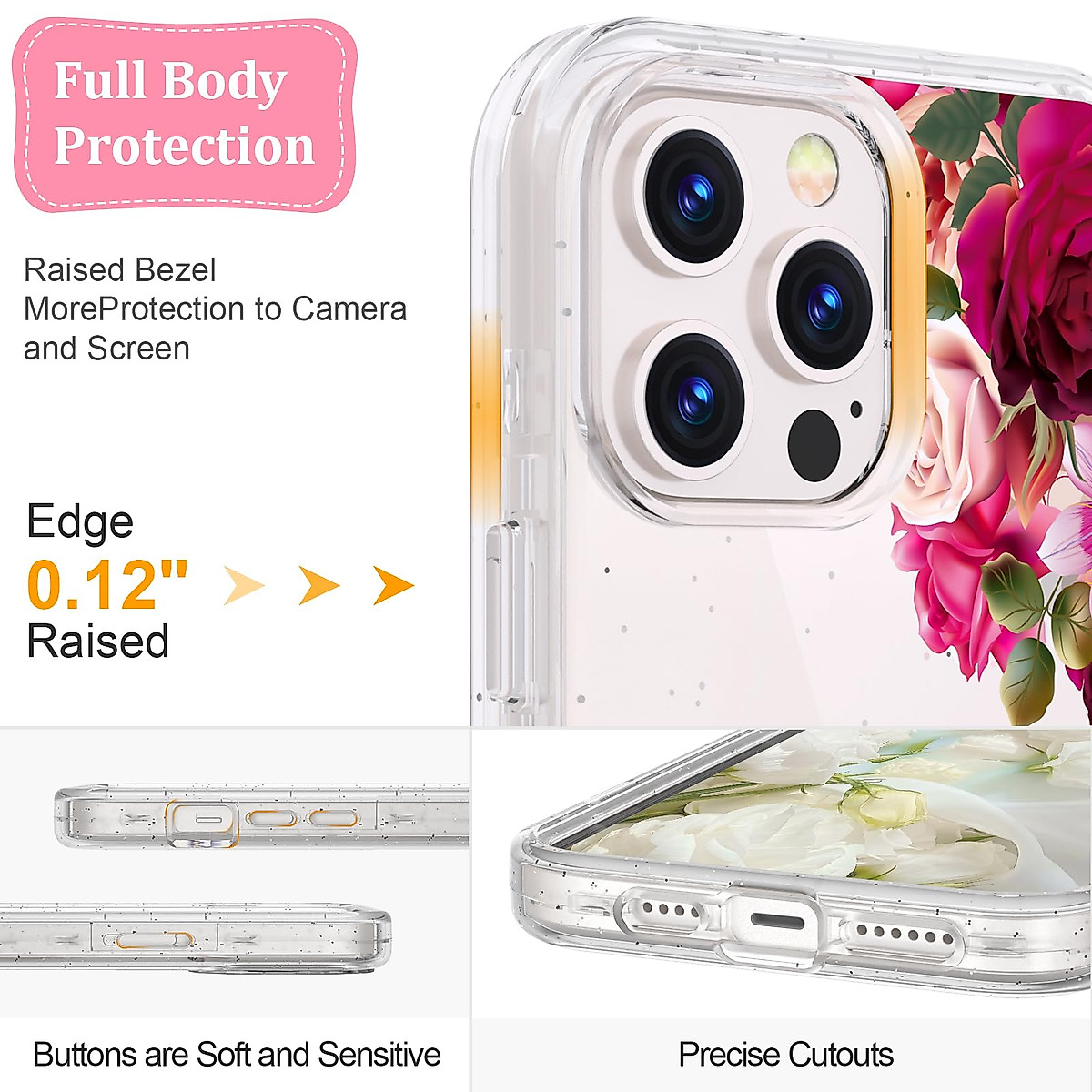 ACKETBOX for iPhone 13 Pro Max Case,with Screen Protector & Camera Lens Protector+Ring Bracket,Floral Phone Cover Designed for iPhone 13 Pro Max(Big Red Flower 01)