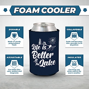 Life is Better At The Lake Can Coolie Can Sleeve Cooler Insulated Drink Coozies Soda Beer Hugger Coolies (Navy, 12 Pk)