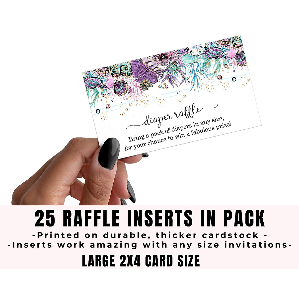 Mermaid Diaper Raffle Tickets, Girls Baby Shower Games for Prizes, Baby Shower Diaper Raffle Invitation Insert Cards, 25 Pack