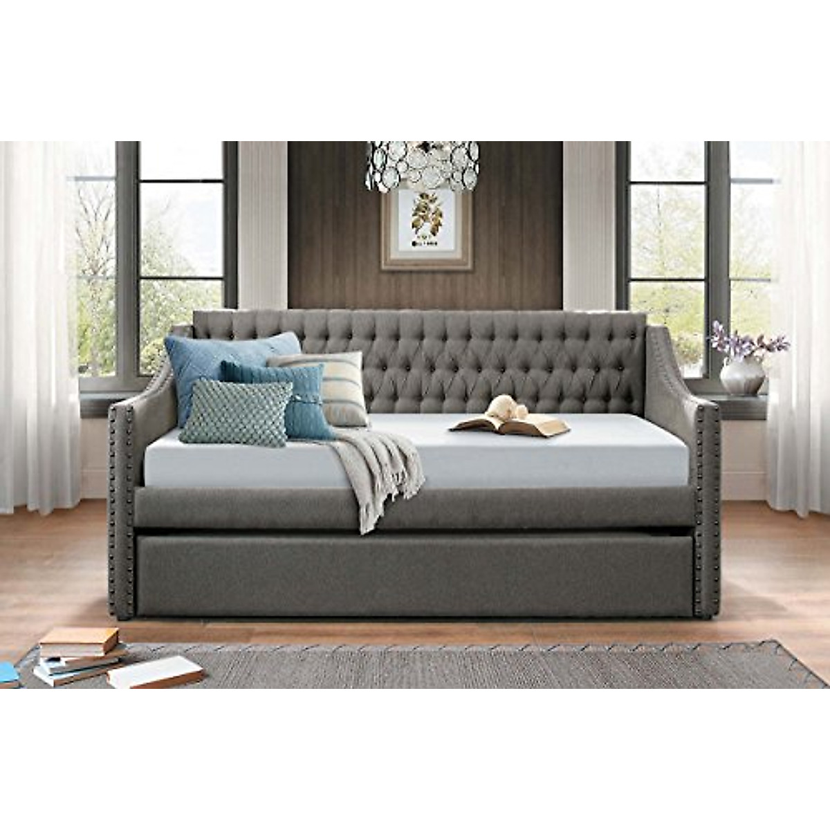 Homelegance Tulney Fabric Upholstered Daybed with Trundle, Twin, Dark Gray