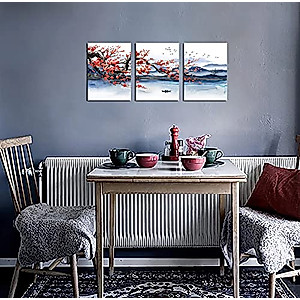 Canvas Art Wall Decor for Bedroom 3 Pieces Framed Wall Art Modern Wall Decor for Bathroom Mountain Lake Plum Blossom Theme Art Prints Modern Wall Art Artwork for Kitchen Home Walls 12x16 Each Panel