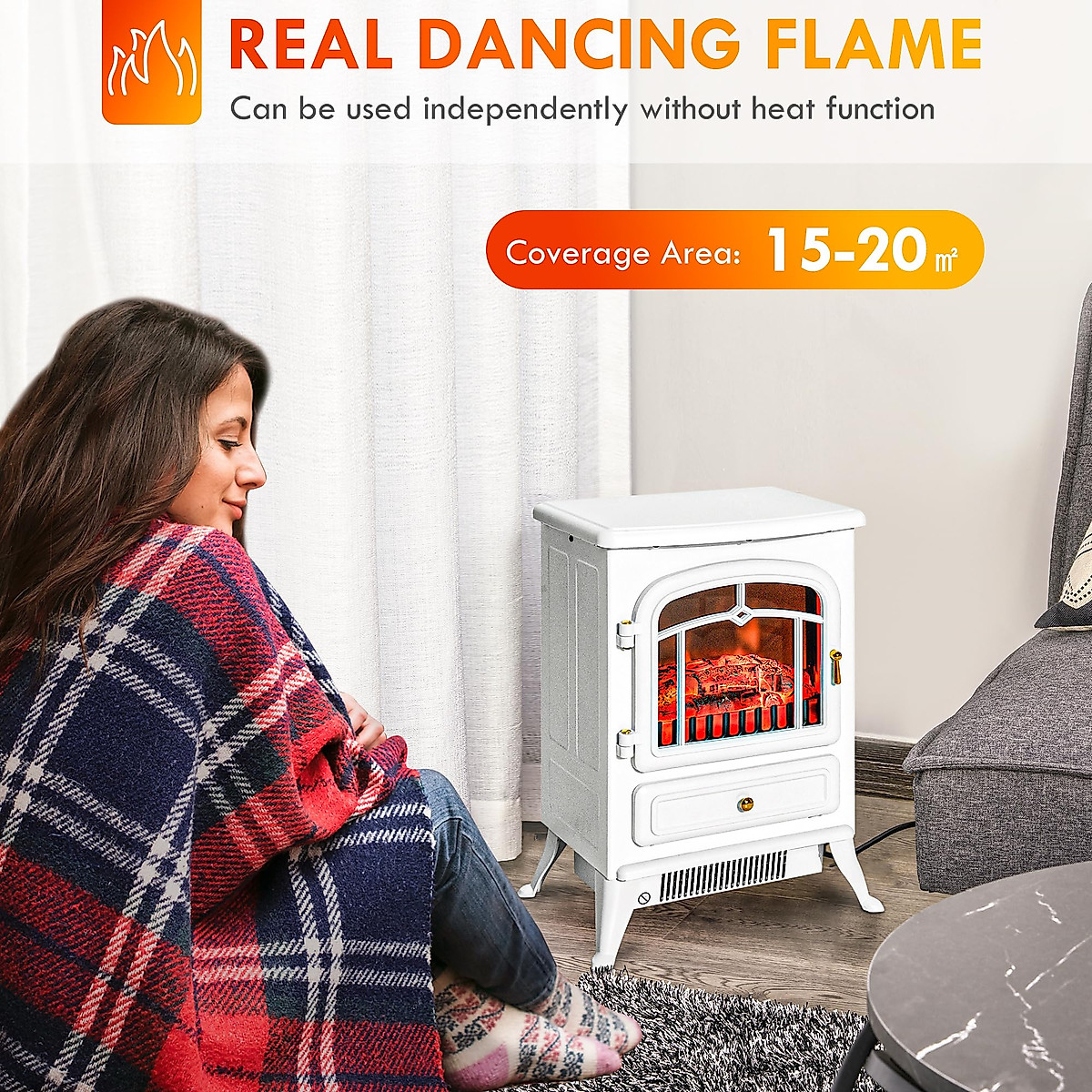 HOMCOM 22" Electric Fireplace Heater, Freestanding Fire Place Stove with Realistic LED Flames and Logs, and Overheating Protection, 750W/1500W, White