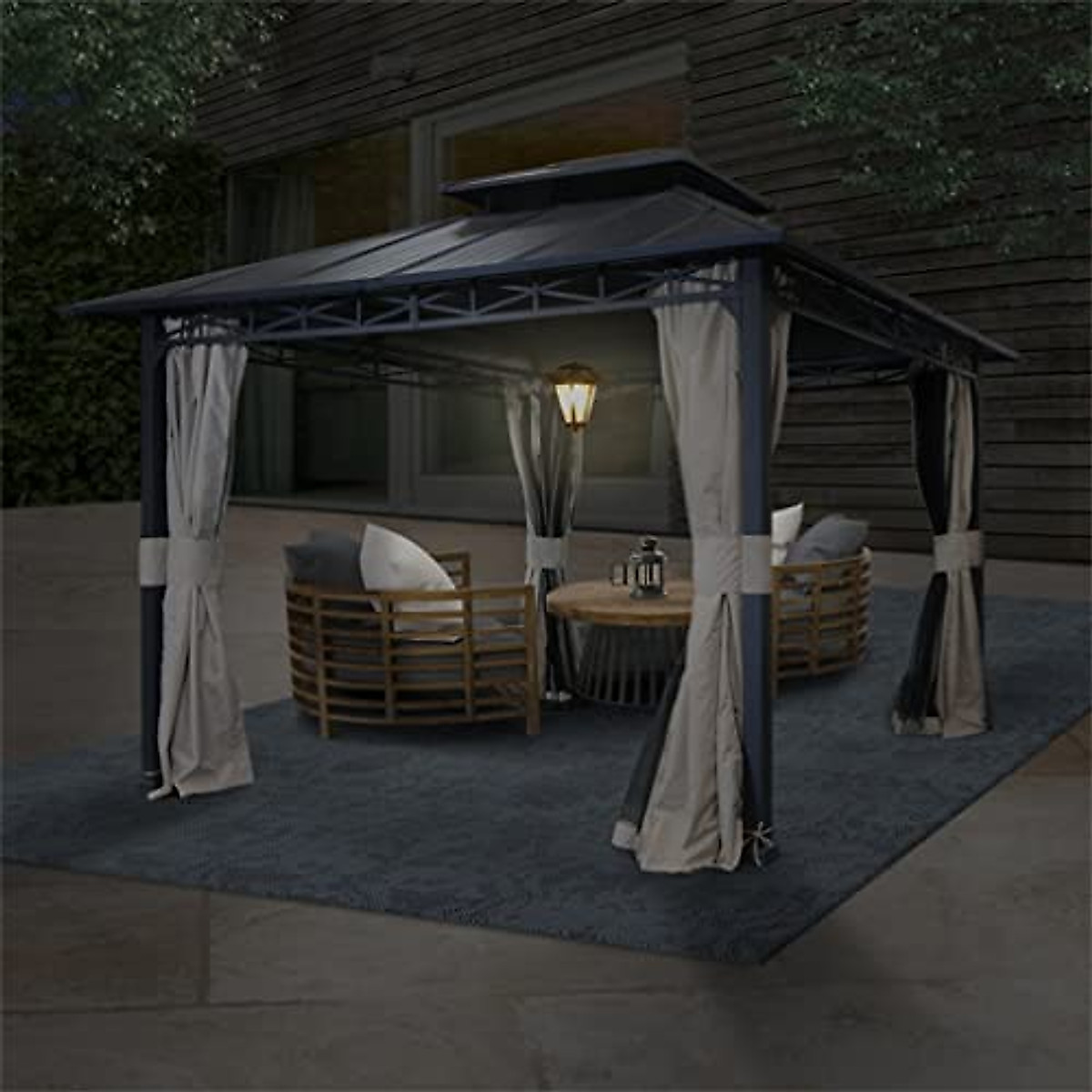UXZDX 12 Ft. X 10 Ft. Black 2-Tier Double Roof Metal Hard Top Gazebo with Curtains and Netting