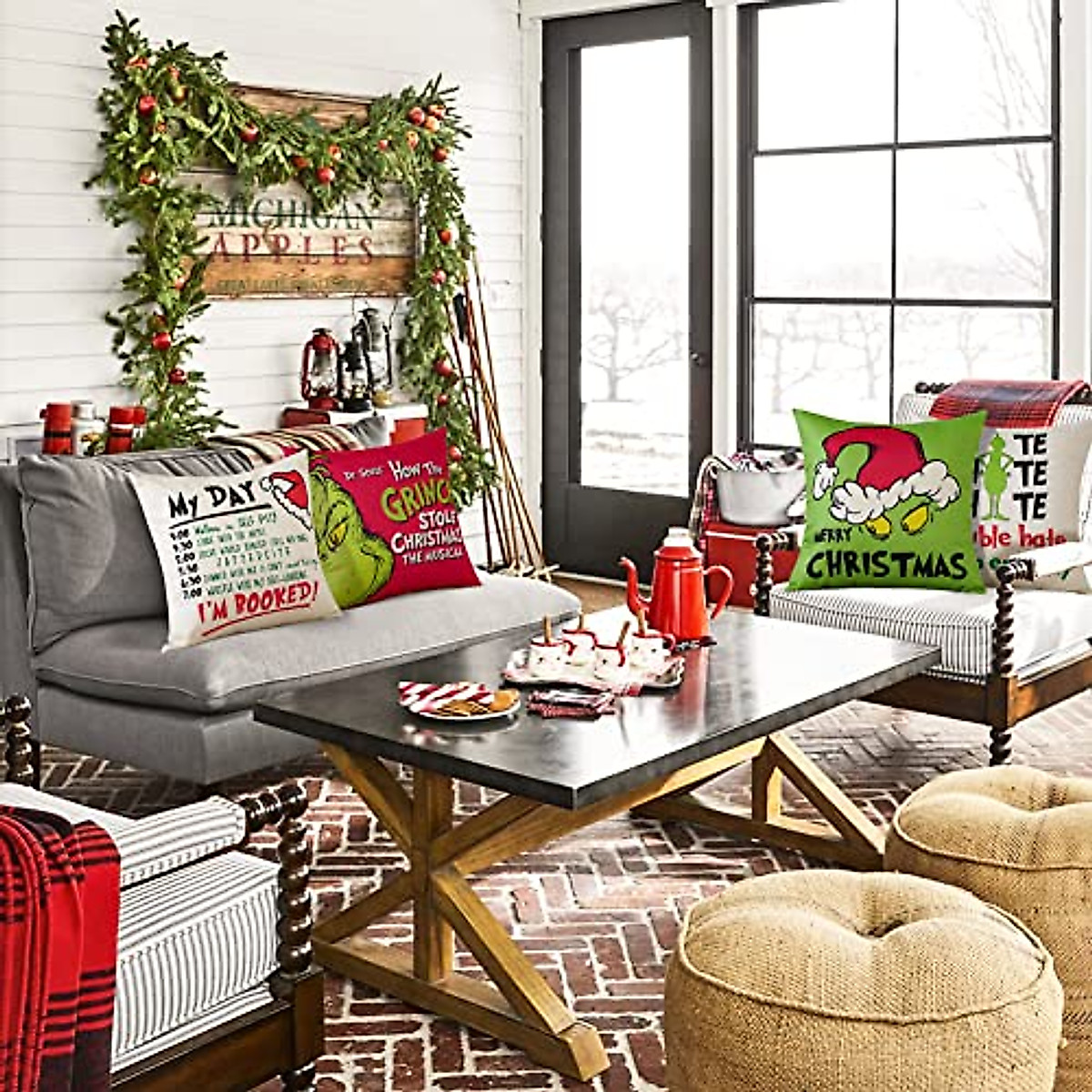 Christmas Pillow Covers 18x18 Set of 4 for Christmas Decorations,Grinch Christmas Decorations Throw Pillow Covers Merry Christmas Grinch Pillow Cases Christmas Pillows for Sofa Couch Indoor Outdoor