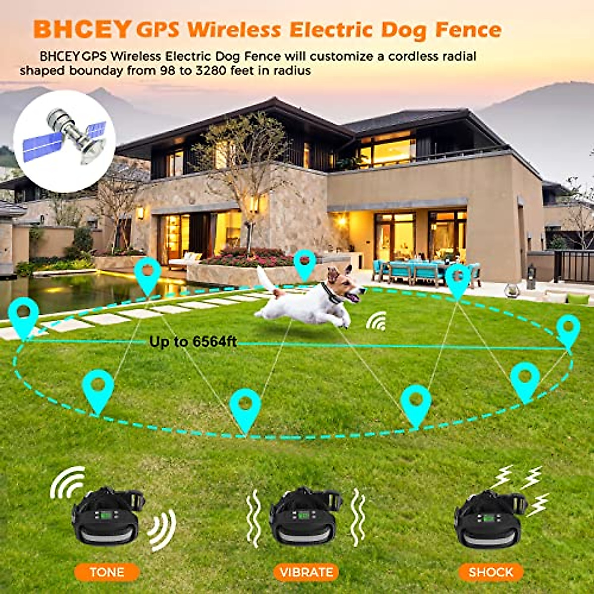 BHCEY GPS Wireless Dog Fence, Electric Dog Fence Pet Containment System, Large Signal Range Up to 6560Ft, Portable GPS Dog Boundary Training Collar for Large and Medium Dogs