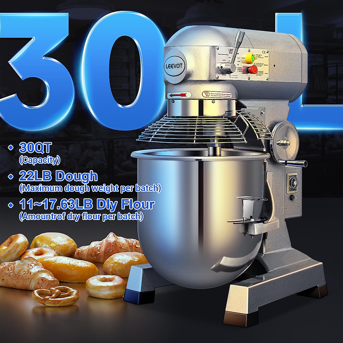 EKway 30Qt Commercial Food Mixer with Timing Function,1250W Commercial mixer 3-Speed Adjustable Heavy Duty, Electric Stand Food Mixer with Stainless Steel Bowl for Bakery Pizzeria. (Standard)