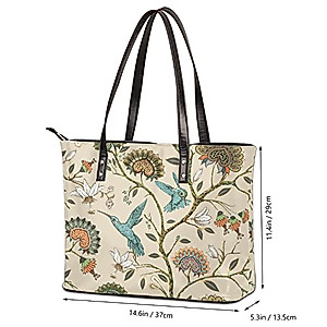 Ethnic Flower Shoulder Tote Bag for Women Girls, Leather Handle Bag Durable Hummingbird Latop Tote Bag With Zipper Pocketfor School Work Travel
