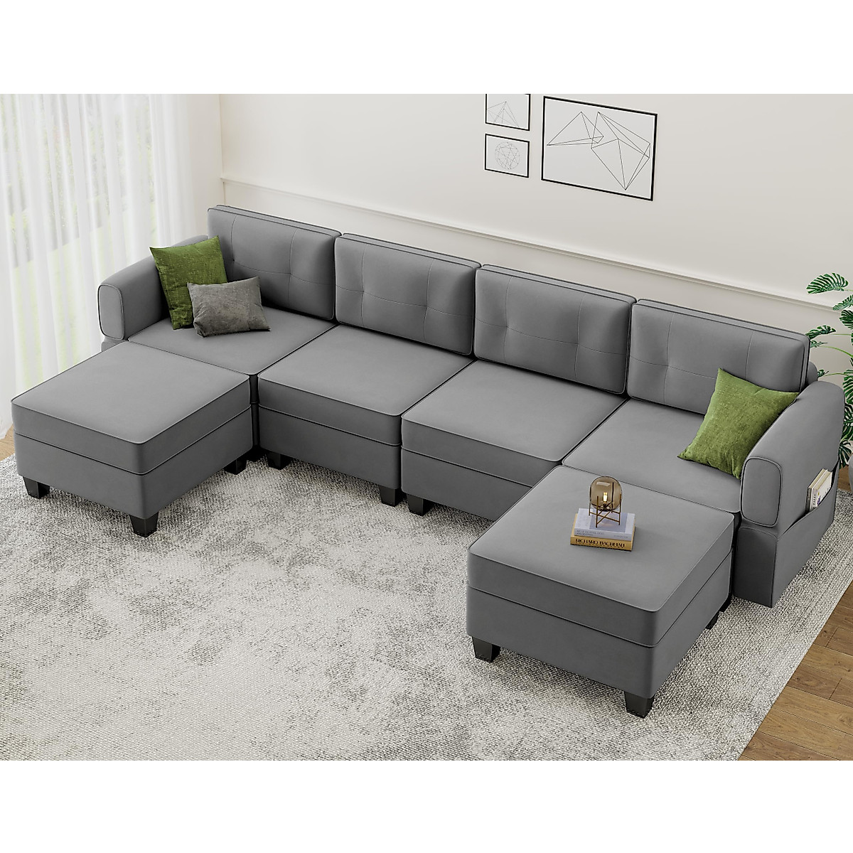 AYEASY Modular Sectional Sofa, U Shaped Sofa Couch with Storage Ottoman Convertible Sectional Couches for Living Room, High Supportive 6 Seats Reversible Sectionals 113'' with Chaise, Grey